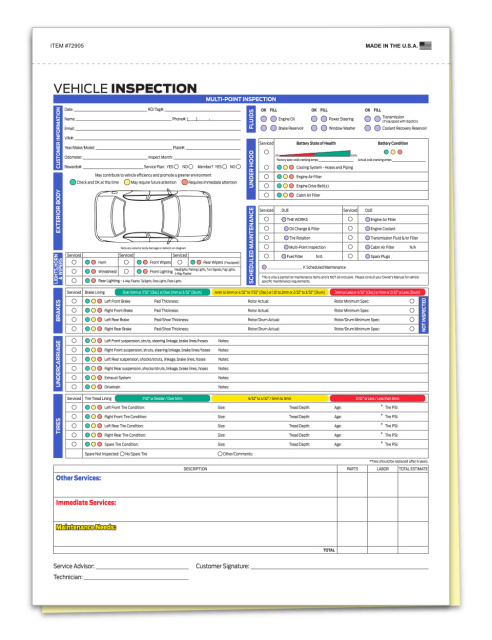 Multi Point Vehicle Inspection Forms Toyota Honda Ford GM Chrysler ...