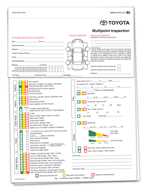 Multi Point Vehicle Inspection Forms Toyota Honda Ford GM Chrysler ...