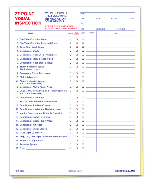 Multi Point Vehicle Inspection Forms Toyota Honda Ford GM Chrysler ...