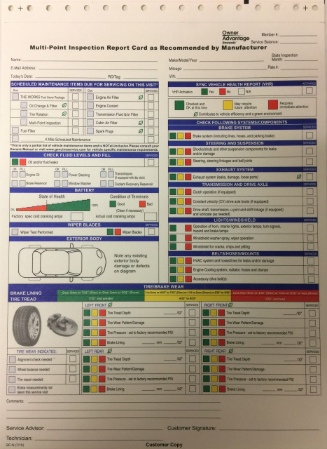 Multi Point Vehicle Inspection Forms Toyota Honda Ford GM Chrysler ...