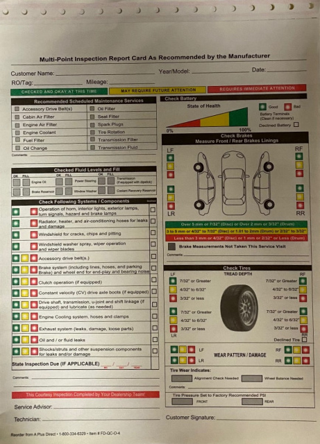 Multi Point Vehicle Inspection Forms Toyota Honda Ford GM Chrysler ...