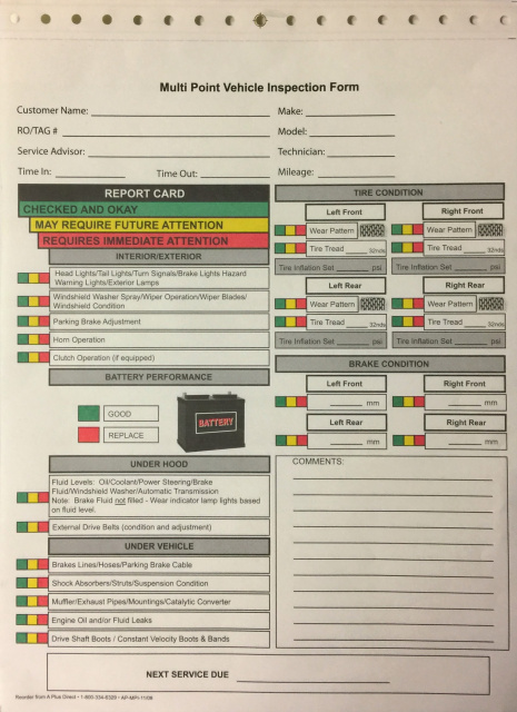 Multi Point Vehicle Inspection Forms Toyota Honda Ford GM Chrysler ...